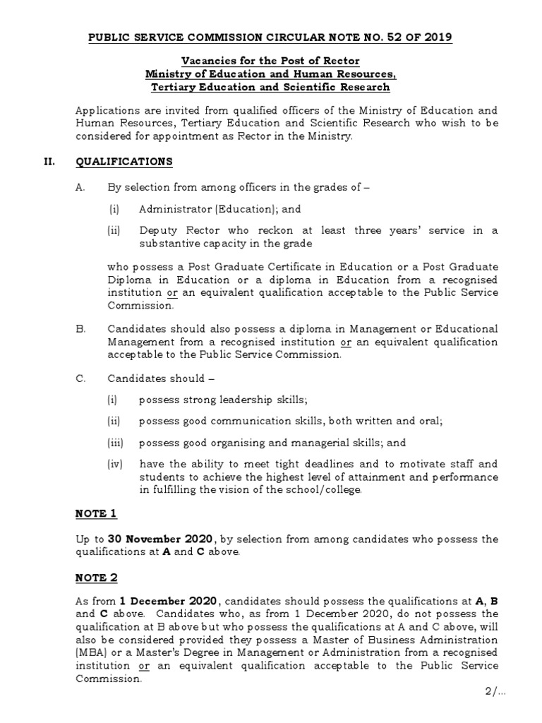 Public Service Commission Circular Note No. 52 of 2019 Vacancies For ...