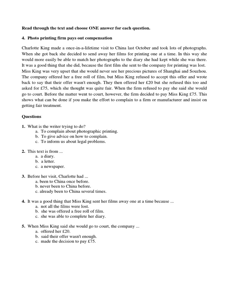 B1 - Reading - Comprehension 4 PDF | PDF