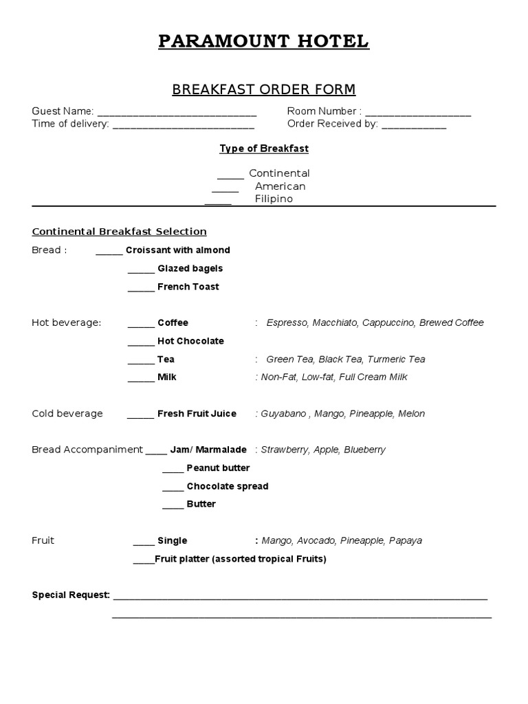 Paramount Hotel: Breakfast Order Form | PDF