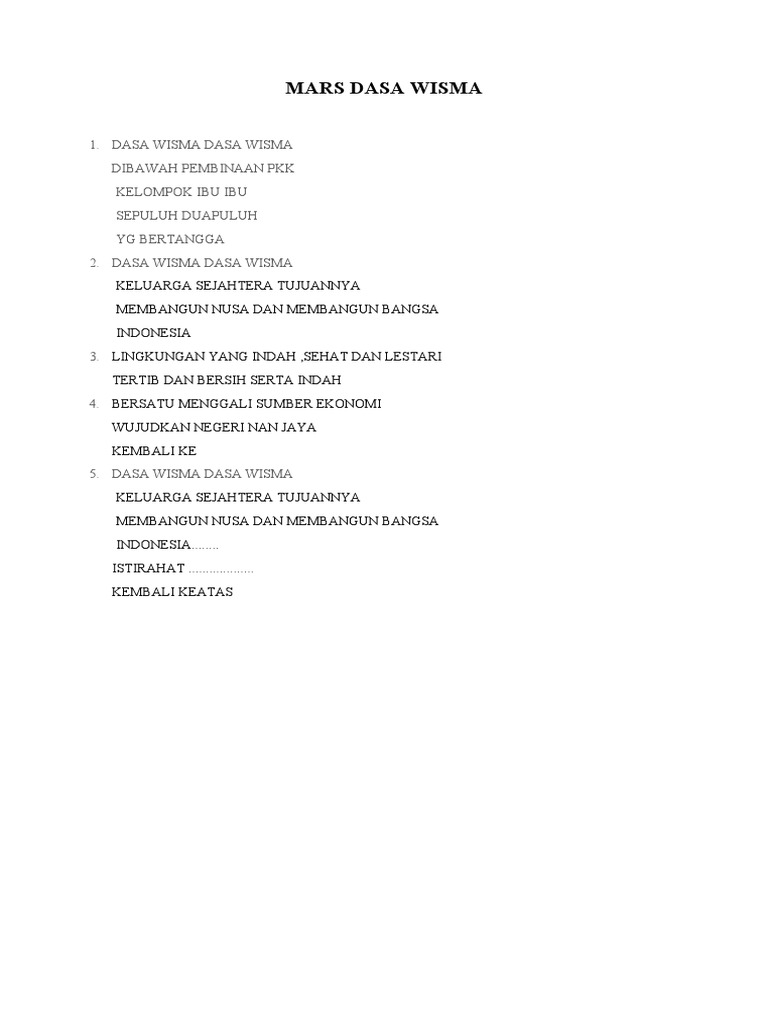 Lirik Mars Dasa Wisma PKK | PDF