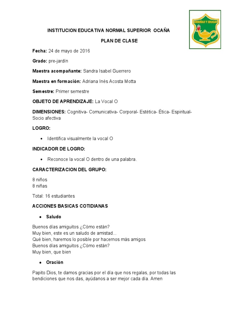 Plan de Clase La Vocal o | PDF | Modificación de comportamiento ...