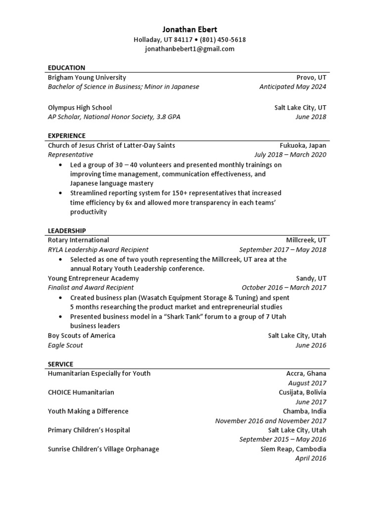 Jonathan Ebert - Resume PDF | PDF | Utah | Latter Day Saint Movement