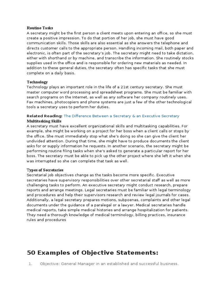 Career Objective of A Secretary | PDF | Goal | Secretary