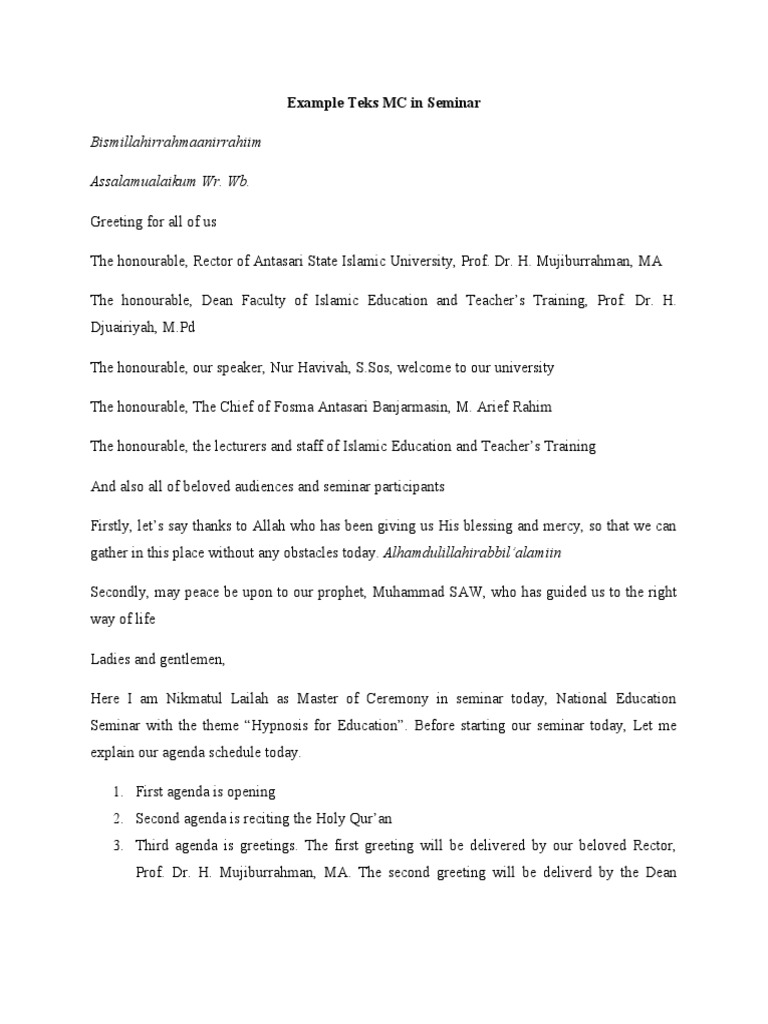 Example Teks MC in Seminar by Nikmatul Lailah | PDF | Religious ...