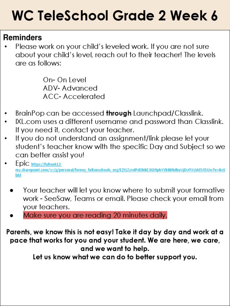 Week 6 Grade 2 Teleschool Plans 1 | PDF
