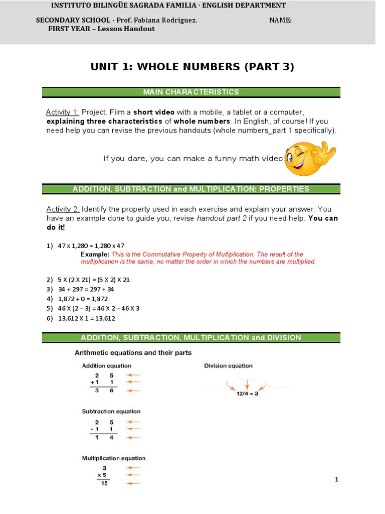 Unit 1: Whole Numbers (Part 3) : Main Characteristics | PDF ...