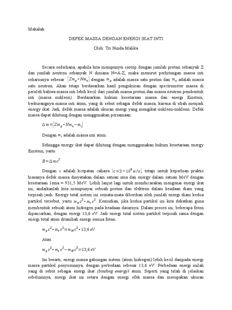Defek Massa dan Energi Ikat Inti Atom | PDF