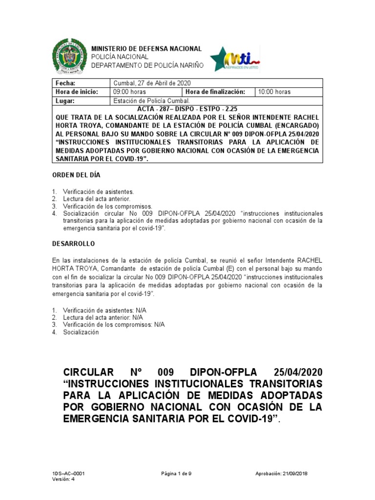 Acta de Socializacion Circular #009 Dipon-Ofpla 25-04-2020 | PDF | Gobierno | Policía