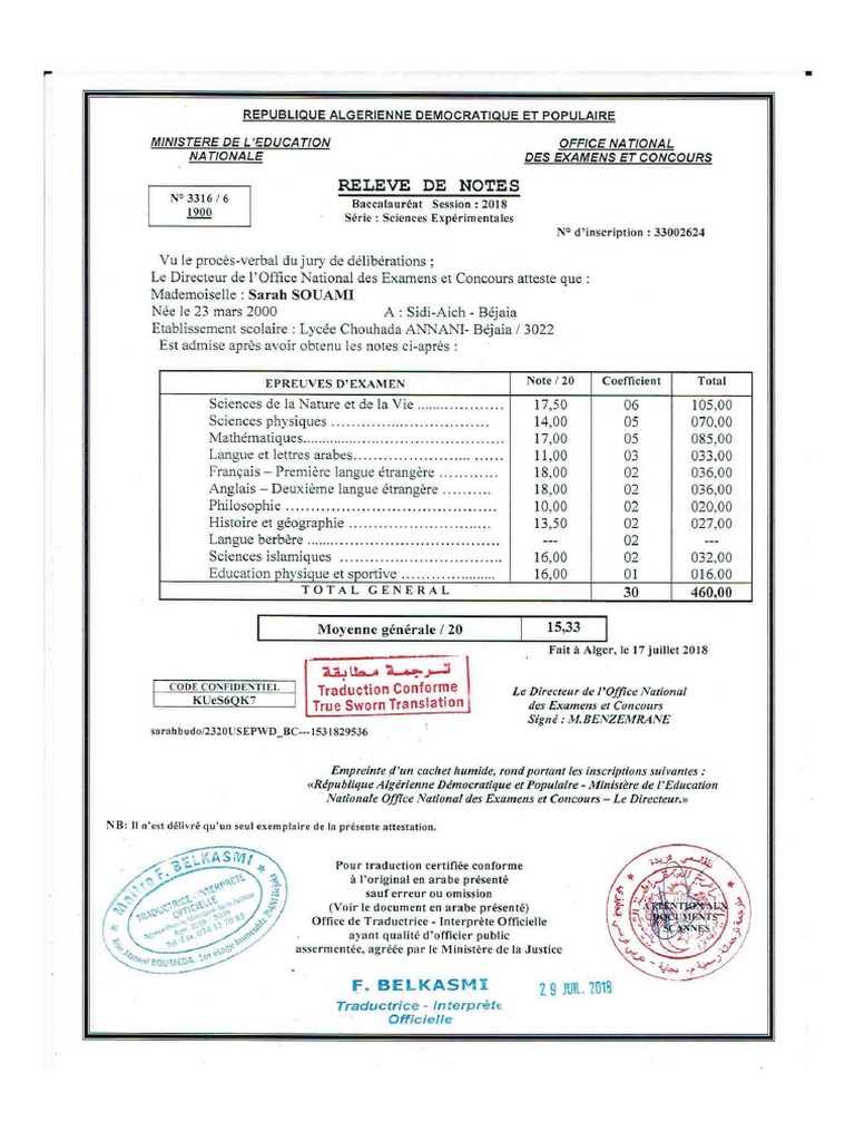 Relevé de Note Bac PDF | PDF