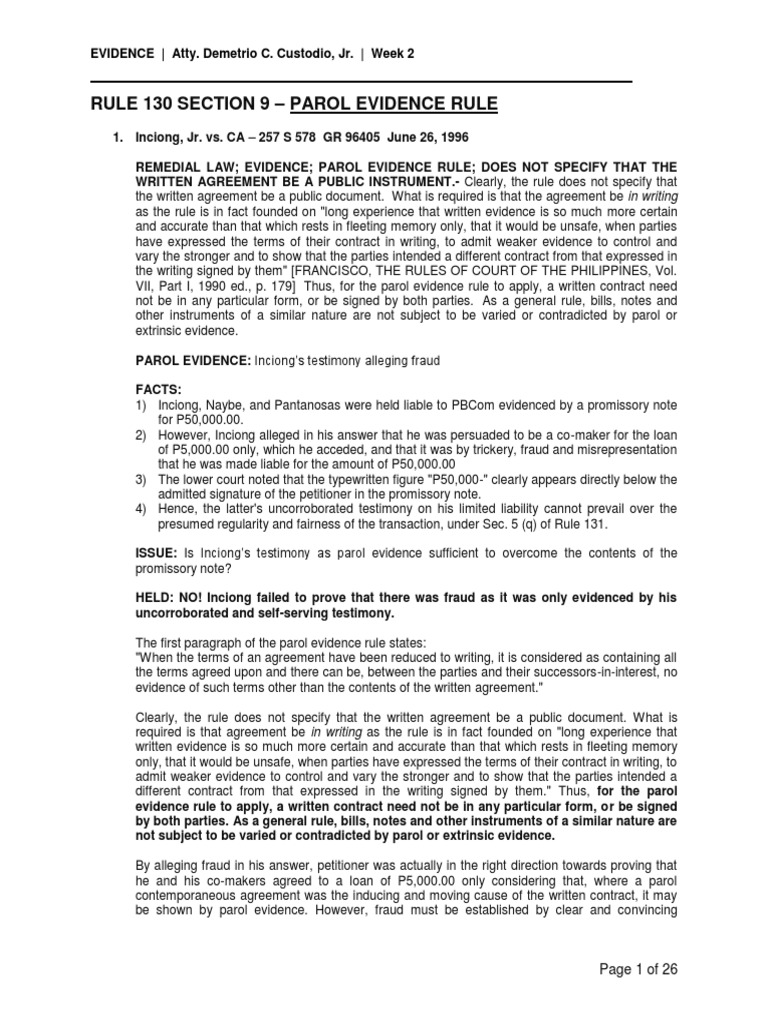 Parol Evidence and Witnesses Case Digests | PDF | Witness | Parol ...