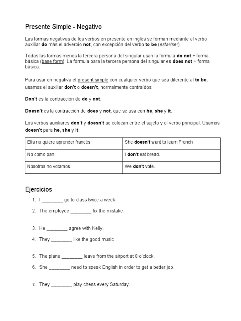 Presente Simple - Negativo - Ejercicios | PDF
