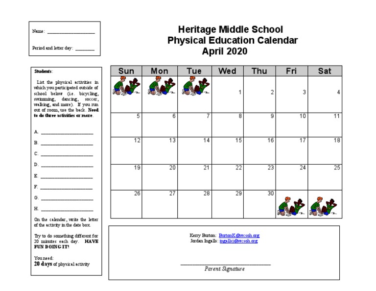 Heritage Middle School Physical Education Calendar April 2020 | PDF