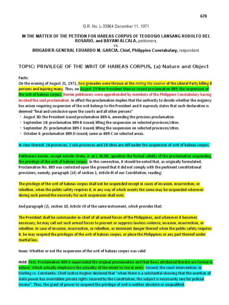 Lansang V Garcia Case Digest | PDF | Habeas Corpus | Writ