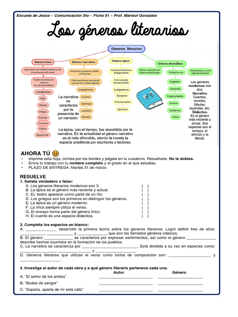 Ficha De Trabajo Sobre Géneros Literarios TALLER 1 TEMA: GENEROS