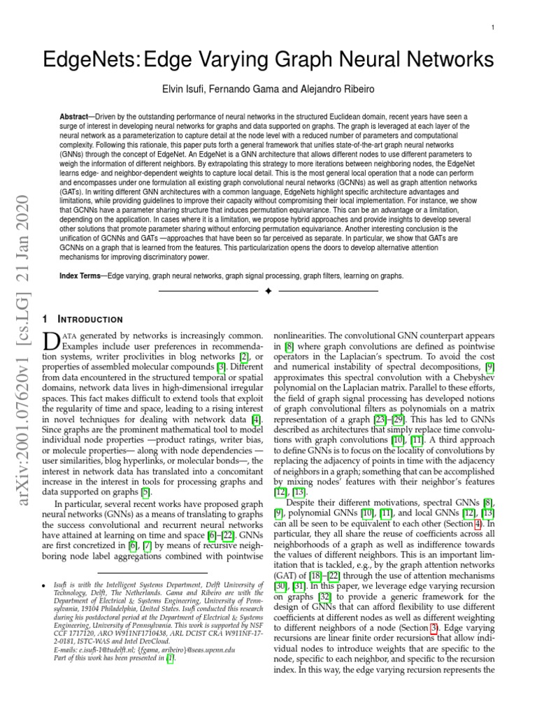 Edgenets: Edge Varying Graph Neural Networks: Elvin Isufi, Fernando Gama and Alejandro Ribeiro ...