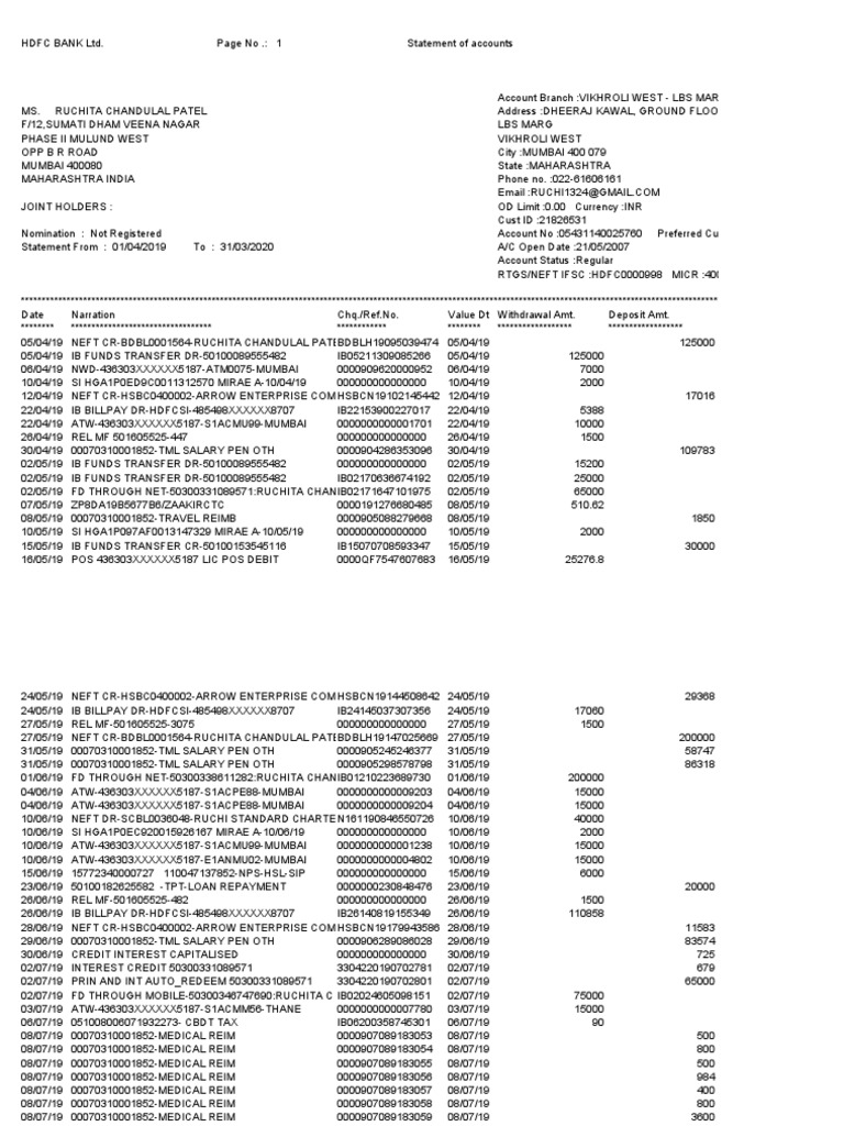 HDFC Bank statement summary | PDF | Corporations | Payments