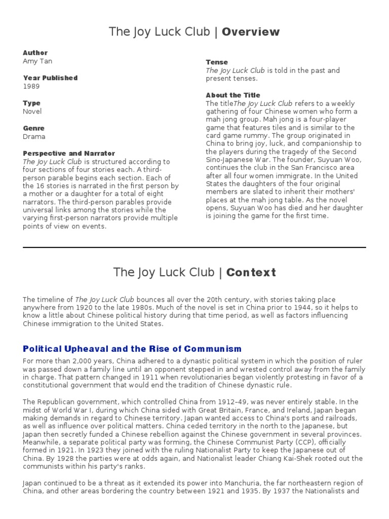 The Joy Luck Club: Novel Overview | PDF | Empire Of Japan | Kuomintang