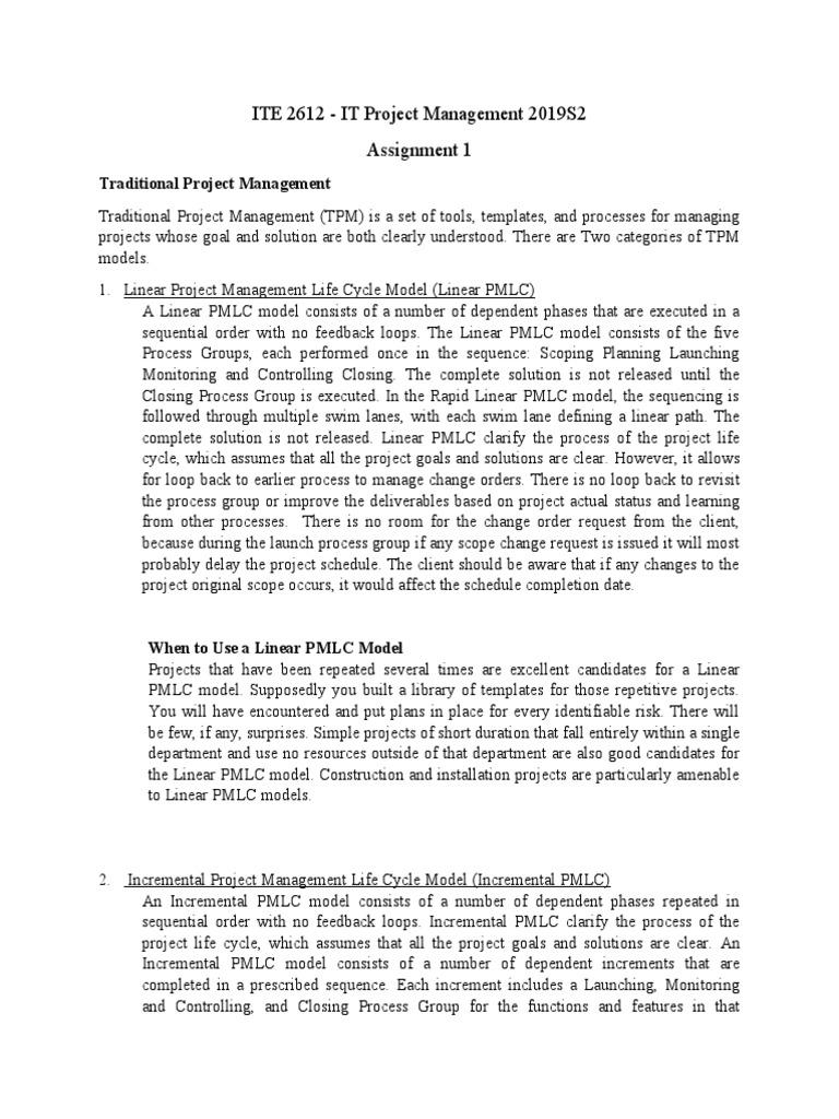 ITE 2612 - IT Project Management 2019S2 Assignment 1 | PDF | Product Lifecycle | Project Management