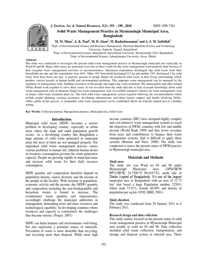 Solid Waste Management Practice in Mymensingh Municipal Area ...