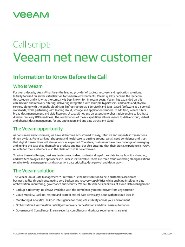 Veeam Net New Customer: Call Script | PDF | Cloud Computing | Backup