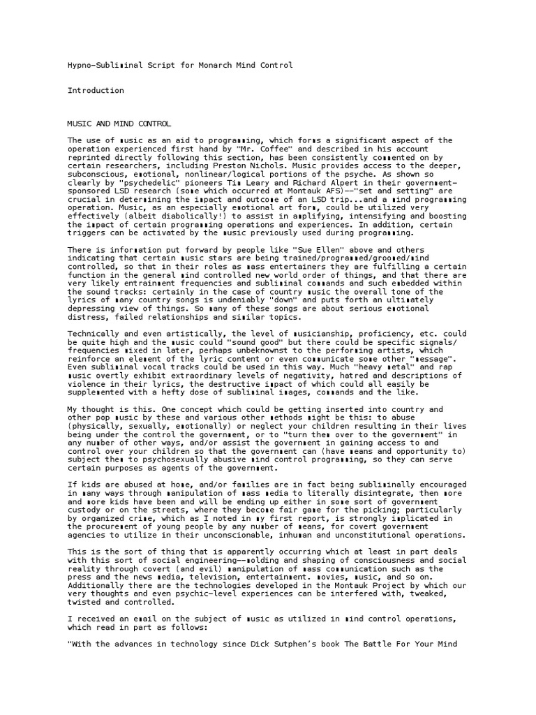 Hypno-Subliminal Script For Monarch Mind Control PDF | PDF | Wilhelm Reich | Amplifier