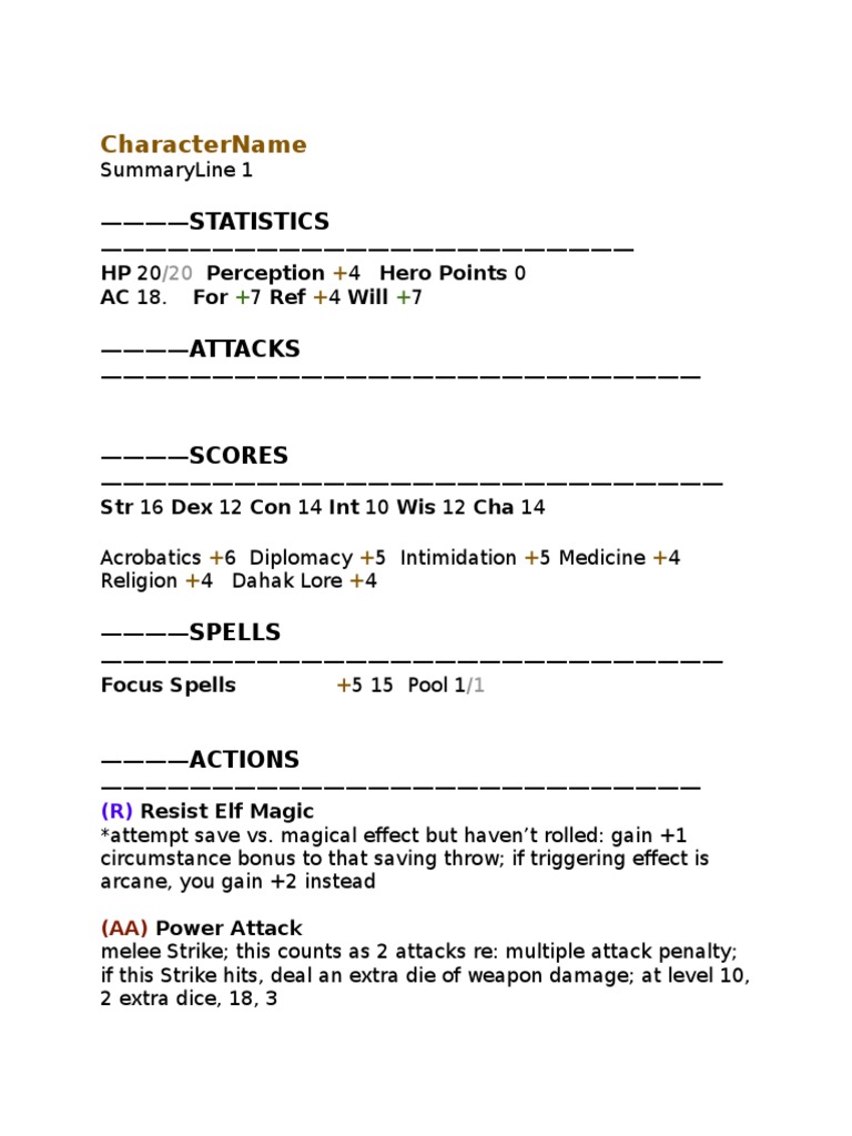 Text Character Sheet PF2E