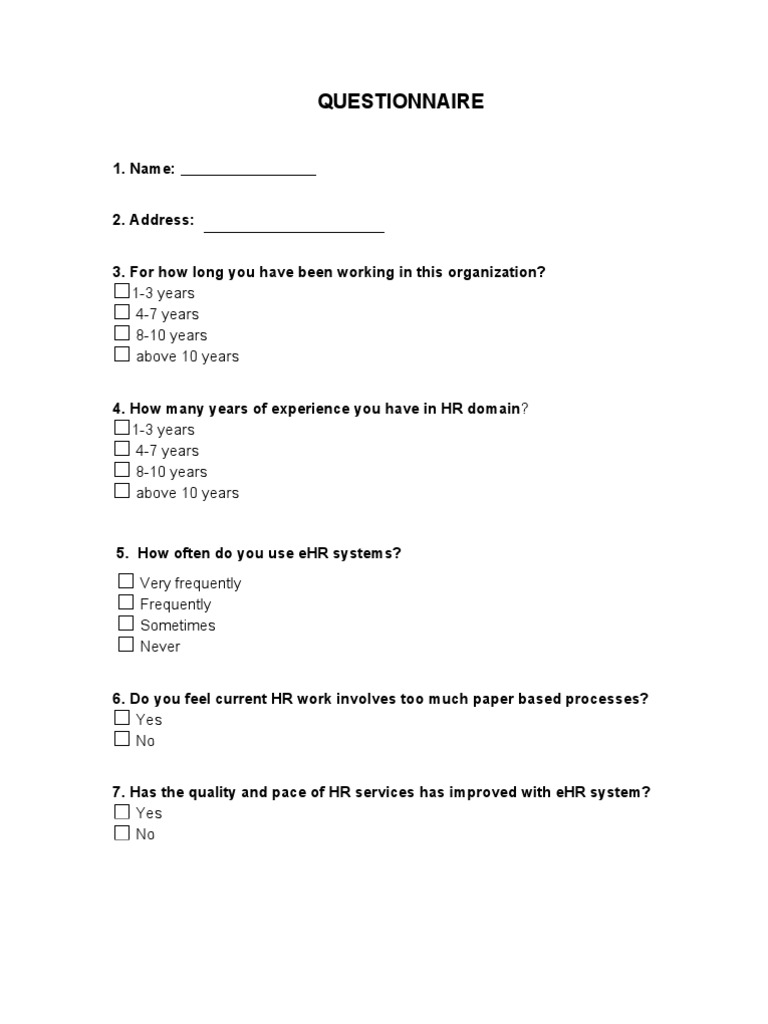 Questionnaire: 1-3 Years 4-7 Years 8-10 Years Above 10 Years | PDF ...