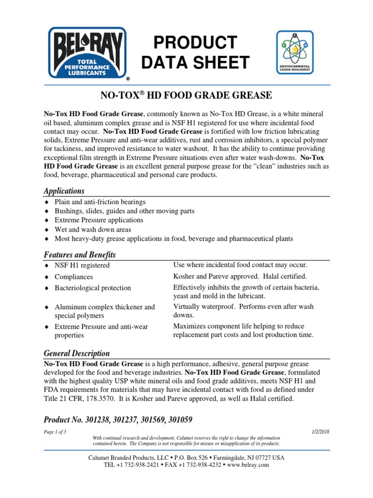 Product Data Sheet: No-Tox HD Food Grade Grease | PDF | Lubricant ...