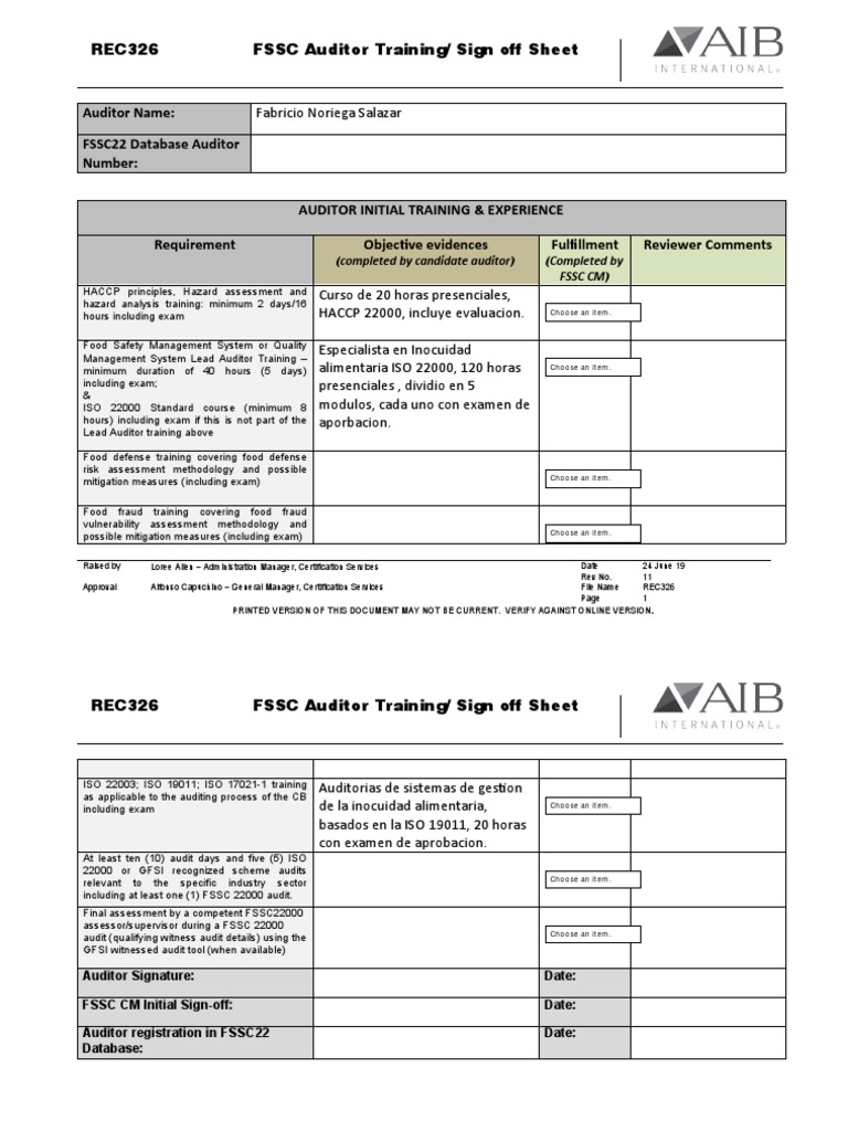 REC326 FSSC Auditor Training Sign Off Sheet | PDF | Packaging And ...