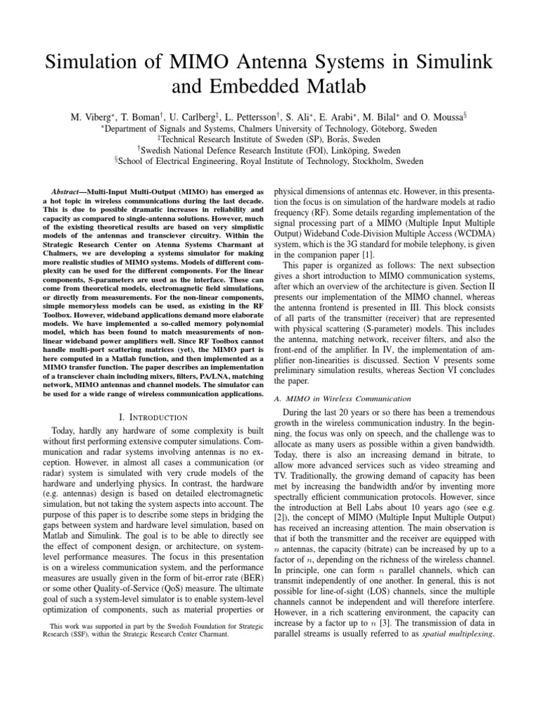 Simulation of MIMO Antenna Systems in Simulink and Embedded Matlab | PDF