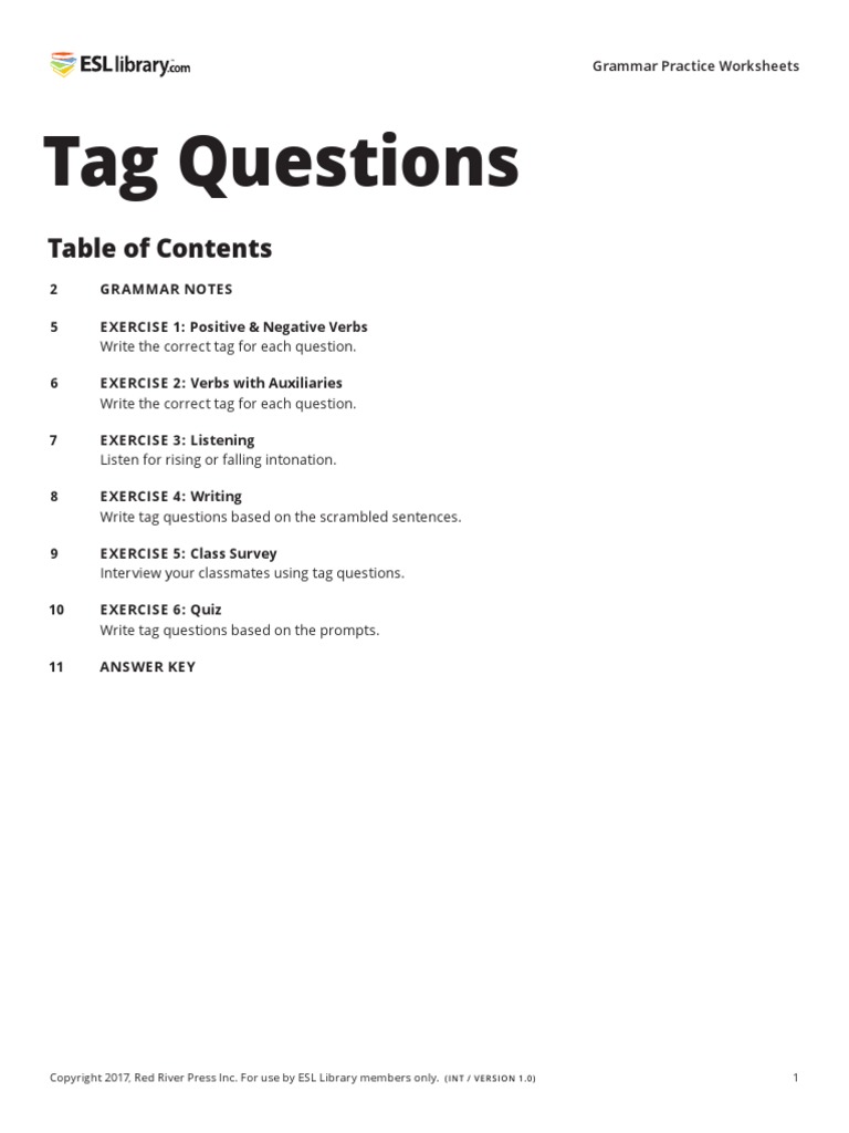 Tag Questions: Grammar Practice Worksheets | PDF | Question | English ...