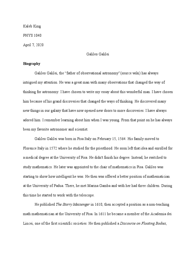 Galileo Galilei Kaleb King Signature Assignment | PDF | Galileo Galilei ...