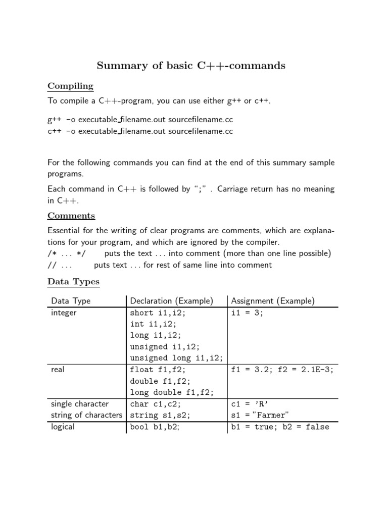 Summary of Basic C++-Commands | PDF | Computers