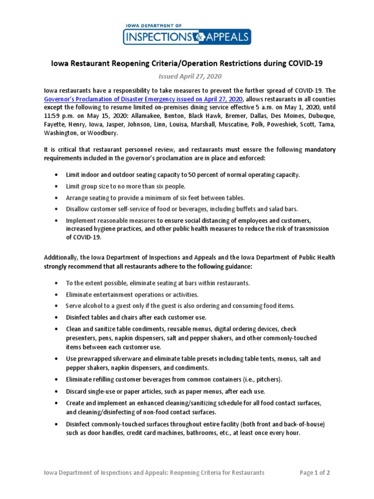 Iowa Restaurant COVID-19 Reopening Guidelines | PDF | Restaurants | Iowa