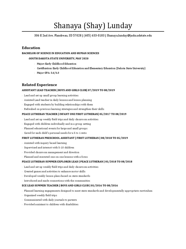 Resume 2020 | PDF | Early Childhood Education | Teachers