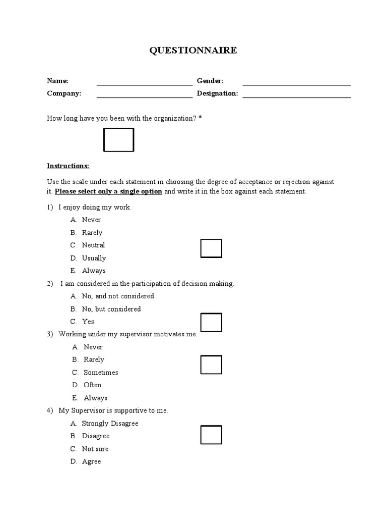 Questionnaire: Name: Gender: Company: Designation | PDF | Applied ...