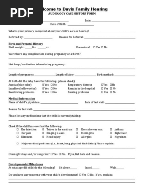 Audiology History Form AUDIOLOGY CLINIC: ADULT CASE HISTORY FORM