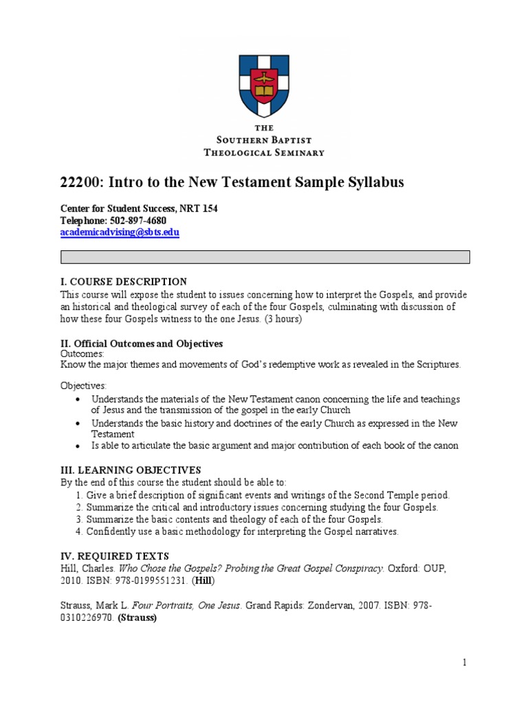 22200: Intro To The New Testament Sample Syllabus: Center For Student ...