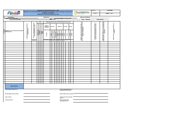 Formato Control Entrega Res 006 RPC ETC PUTUMAYO | PDF | Comida y ...