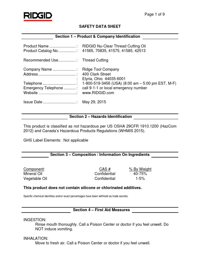 GHS OPST6101 RIDGID Nu-Clear Thread Cutting Oil | PDF | Toxicity ...