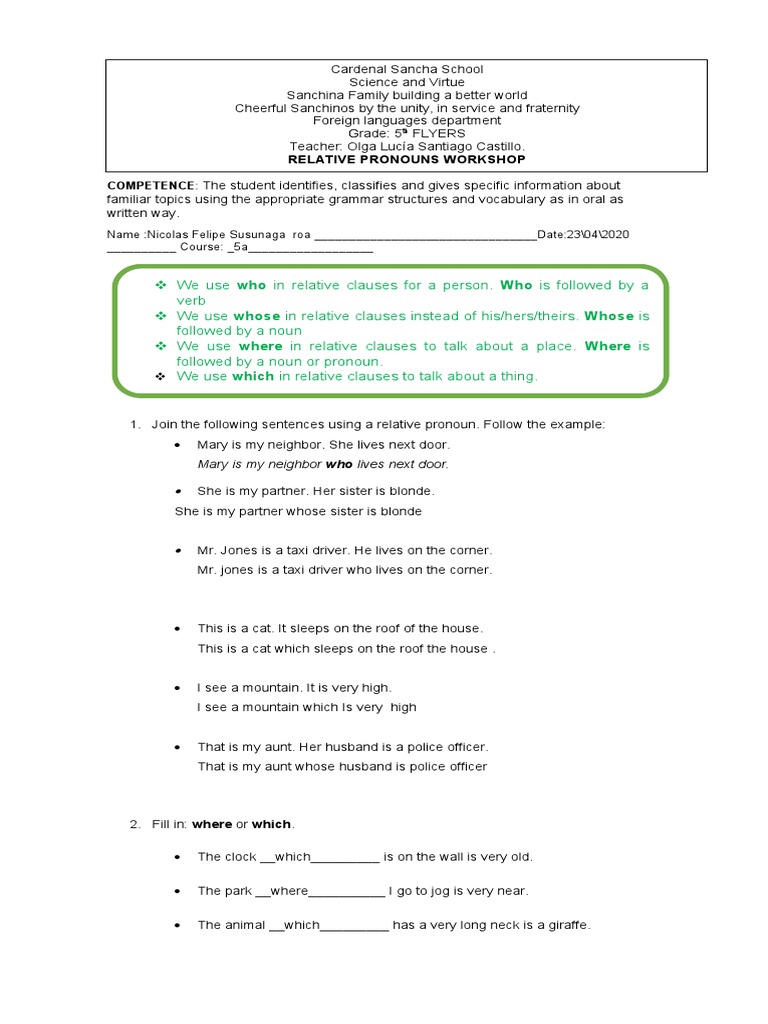 Relative Pronouns Workshop 21 - 04 - 20 | PDF