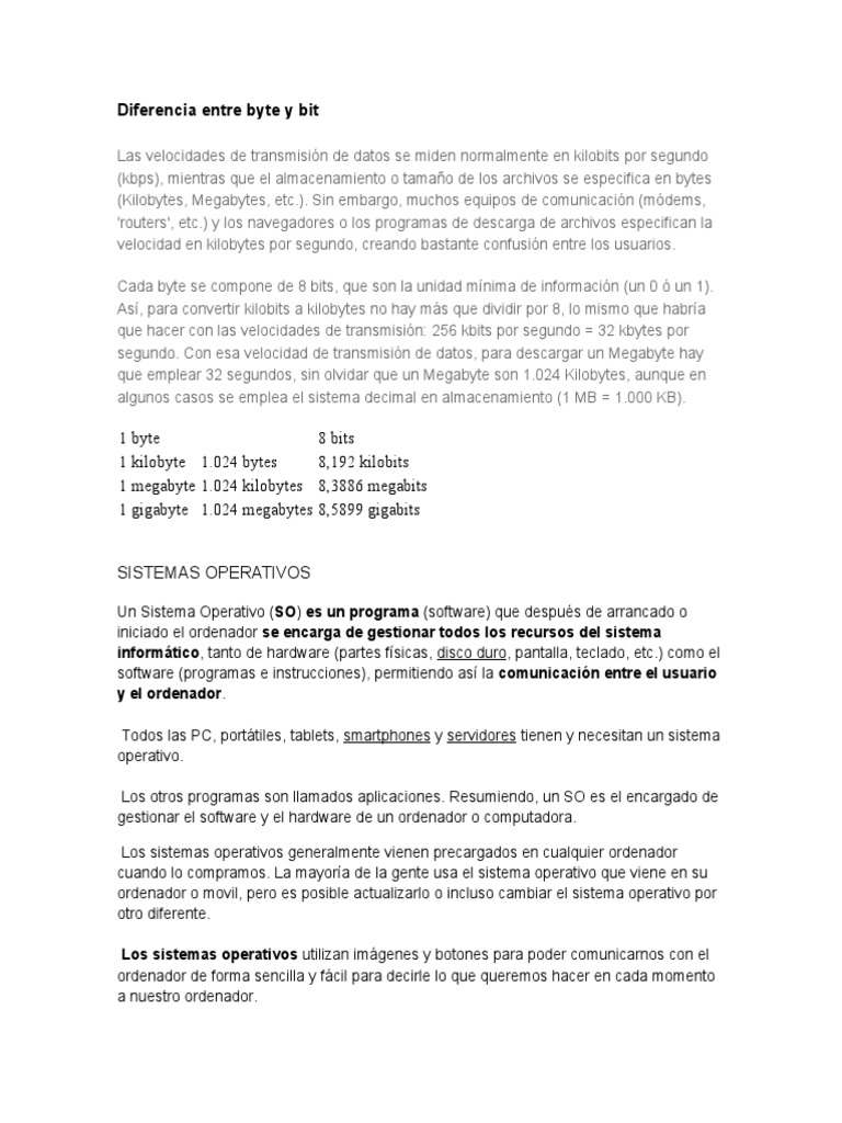 Diferencia Entre Byte y Bit Sistemas Operativos | PDF | Smartphone ...