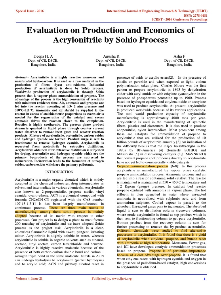 Evaluation On Production and Economics of Acrylonitrile by Sohio ...