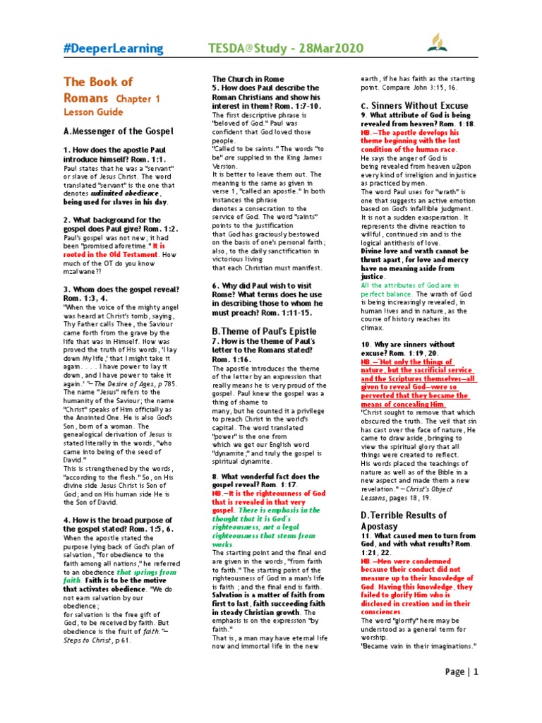 Summary of Romans Chapter 1 | PDF | Epistle To The Romans | Paul The ...