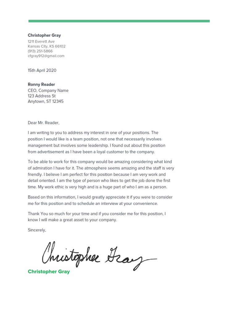 Job Application Letter from Christopher Gray | PDF