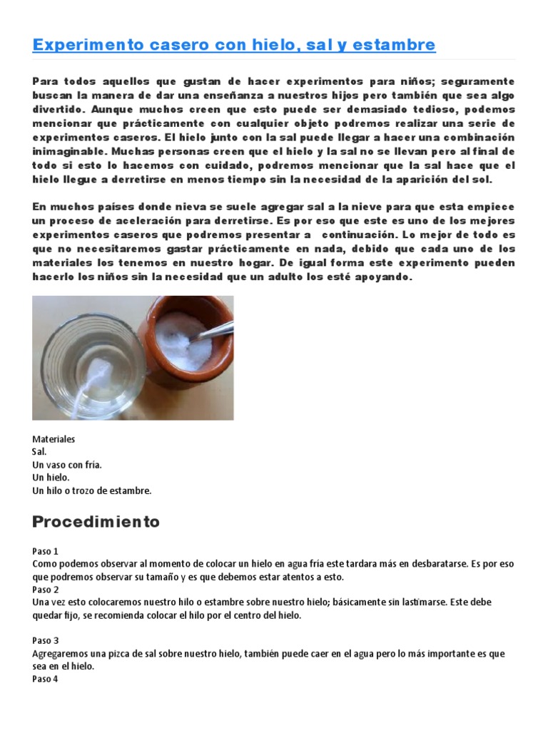 Experimento de Hielo y Sal para Niños | PDF