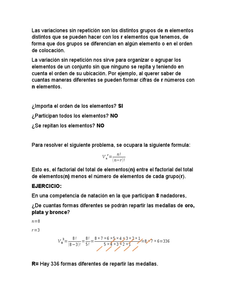 Variaciones Sin Repetición: Fórmula y Ejemplo | PDF