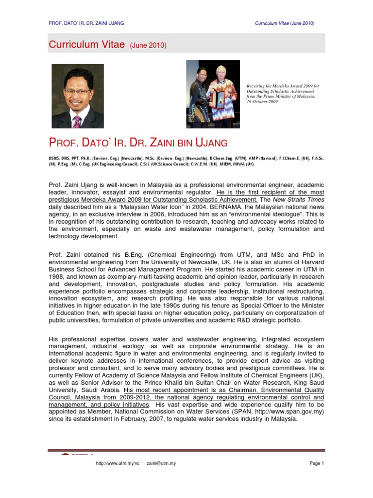 CV Zaini Ujang June 2010 Edited | PDF | Wastewater | Sustainability
