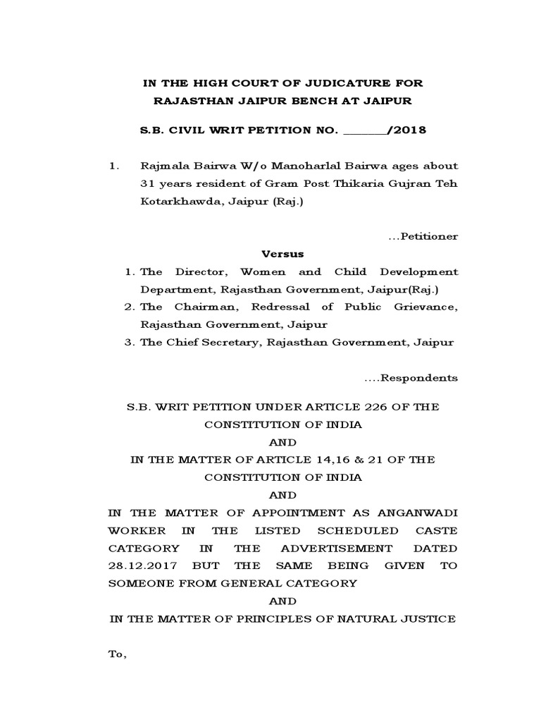 In The High Court of Judicature For Rajasthan Jaipur Bench at Jaipur S.B. CIVIL WRIT PETITION NO ...