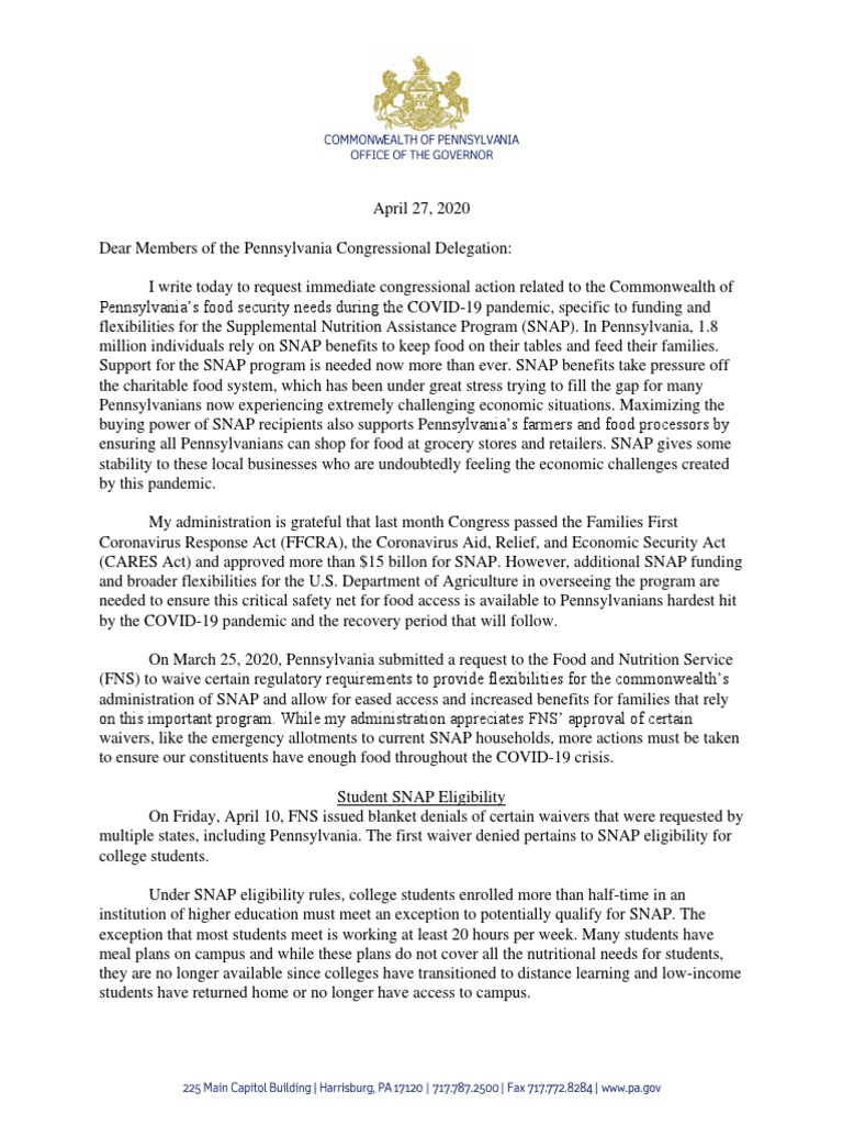 TWW SNAP Congressional Delegation Letter | PDF | Supplemental Nutrition ...